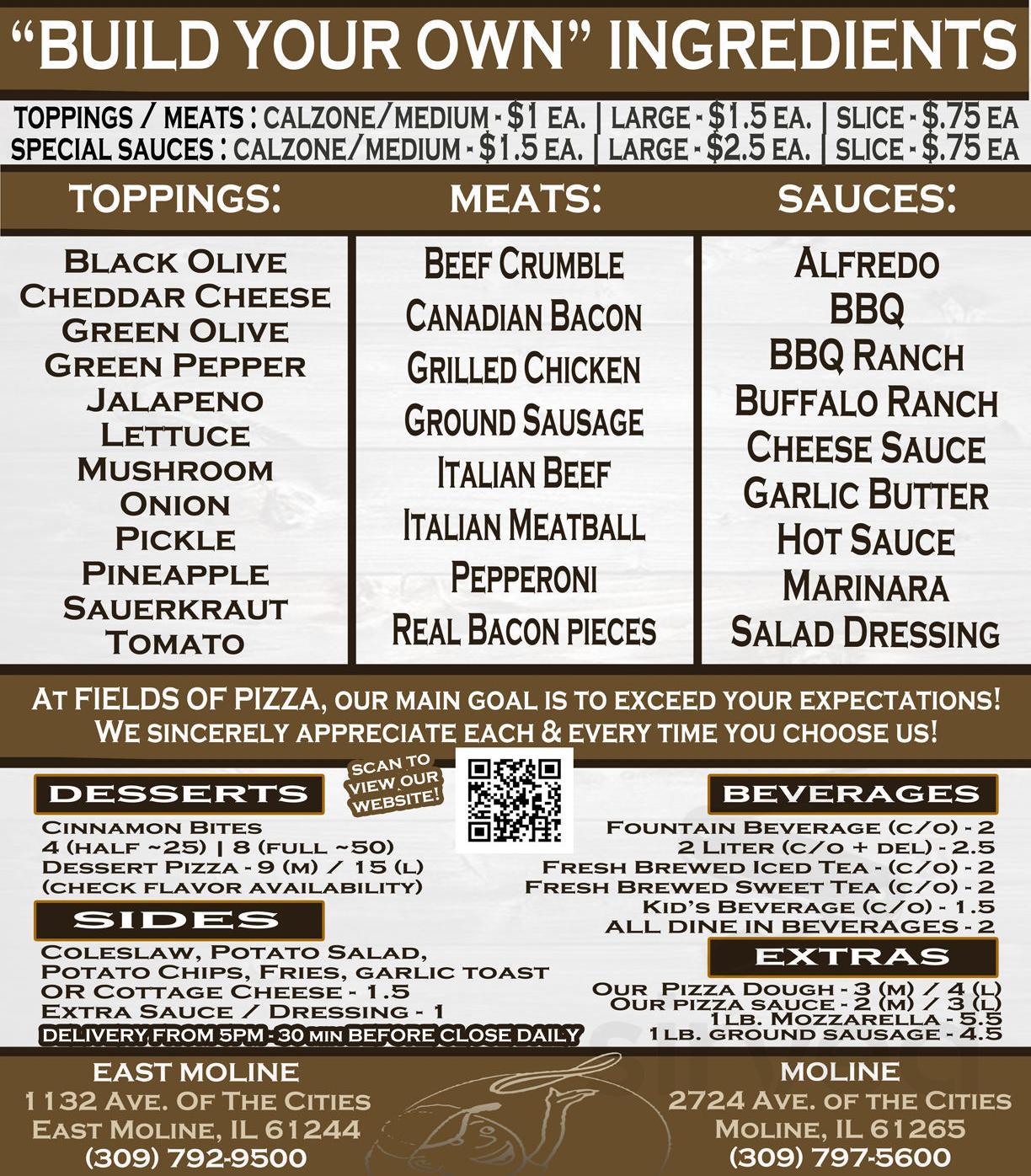 Fields of Pizza menu in East Moline, Illinois, USA