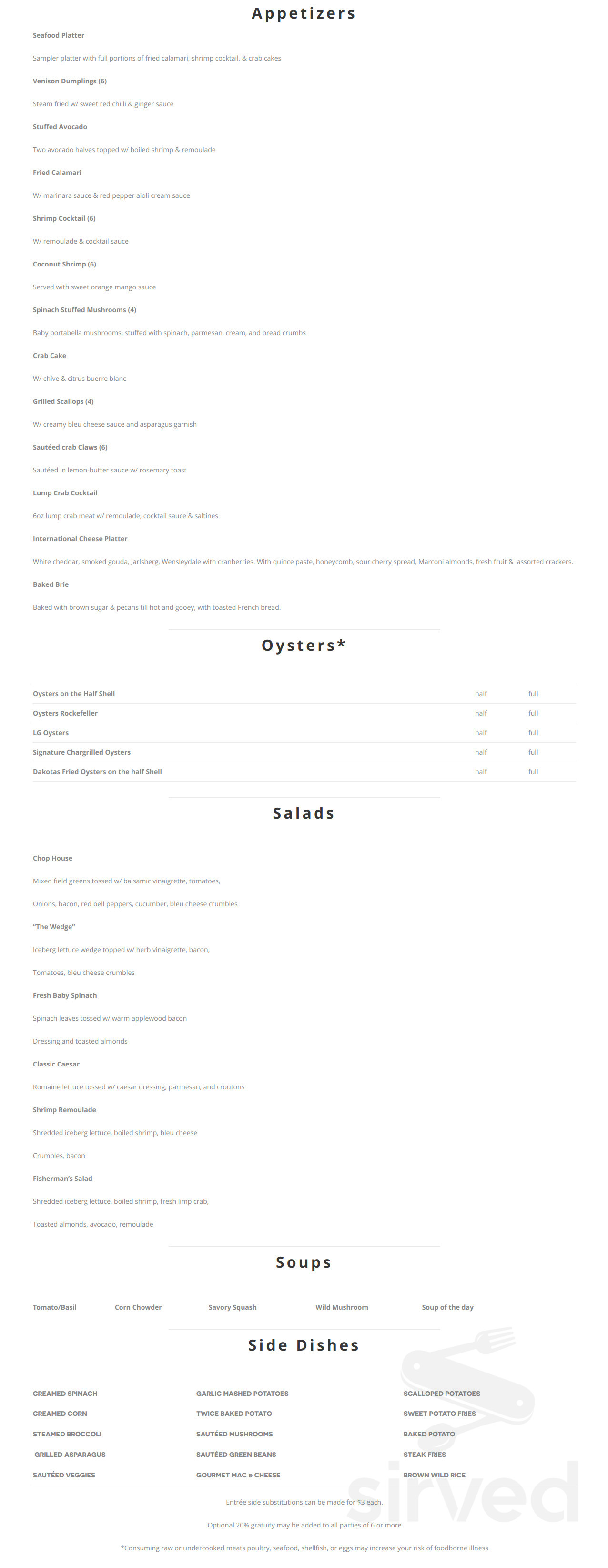 Menu - Tyler TX's Dakotas | Sirved