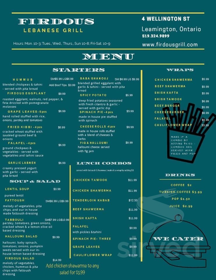 Firdous Lebanese Grill menu in Leamington, Ontario, Canada