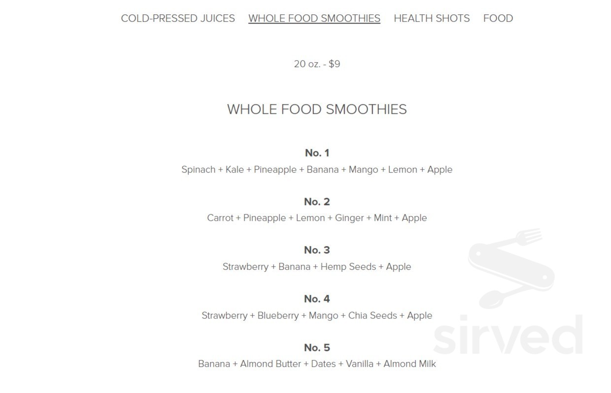 Fix Juice Co. menu in Nashville, Tennessee, USA