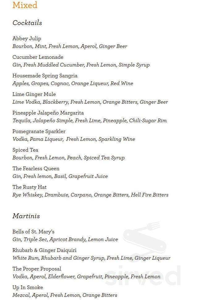 The Abbey menu in Cambridge, Massachusetts, USA