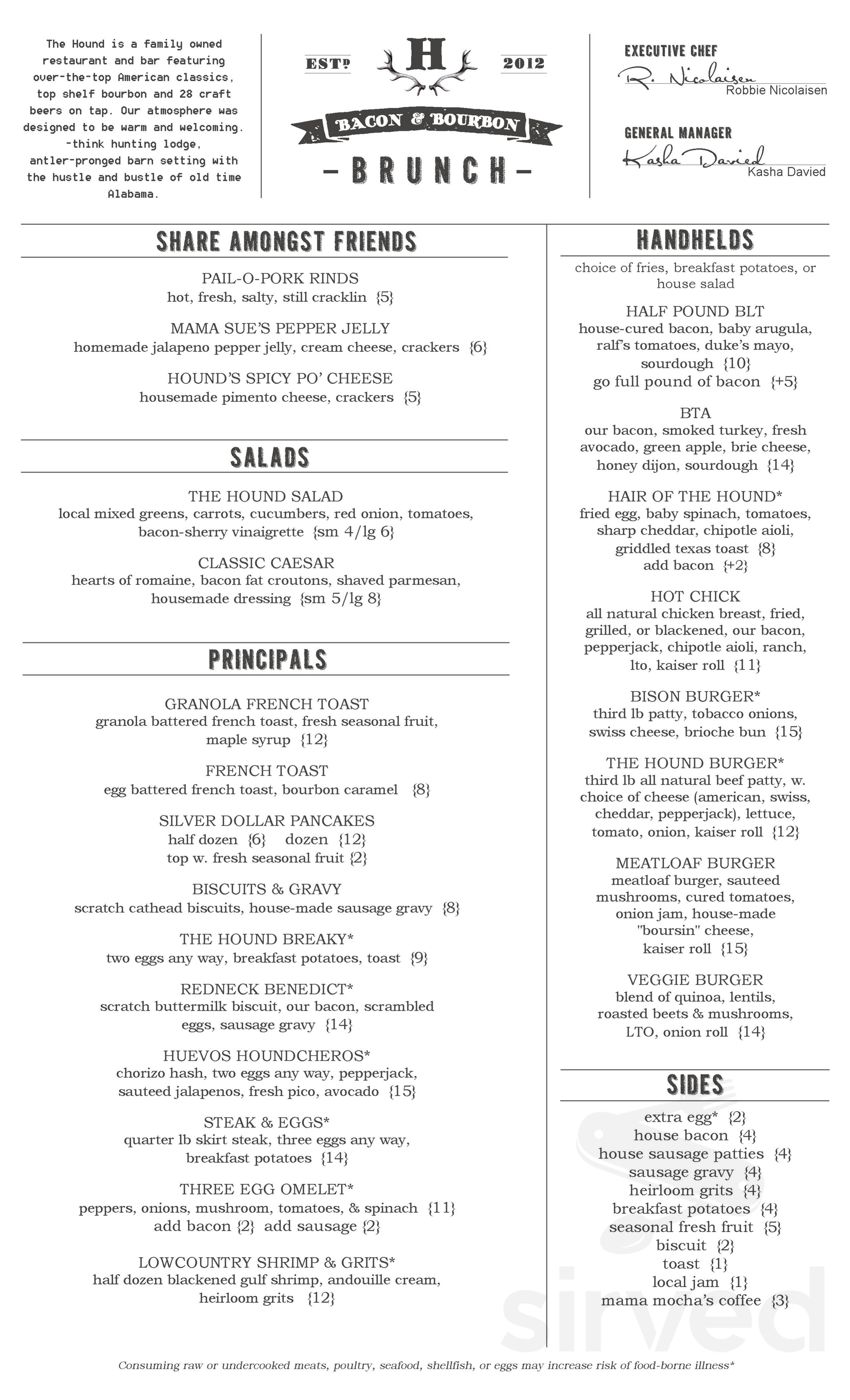 THE HOUND menu in Auburn, Alabama, USA