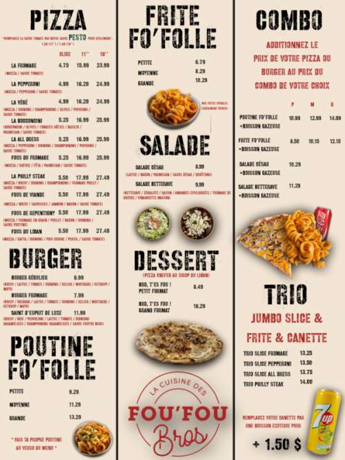 La Cuisine des Fou'Fou Bros menu in Repentigny, Quebec, Canada