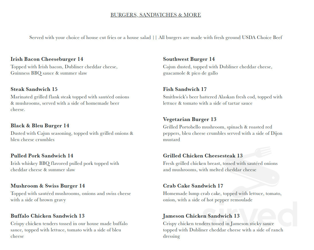 The Dubliner on the Delaware menu in New Hope, Pennsylvania, USA