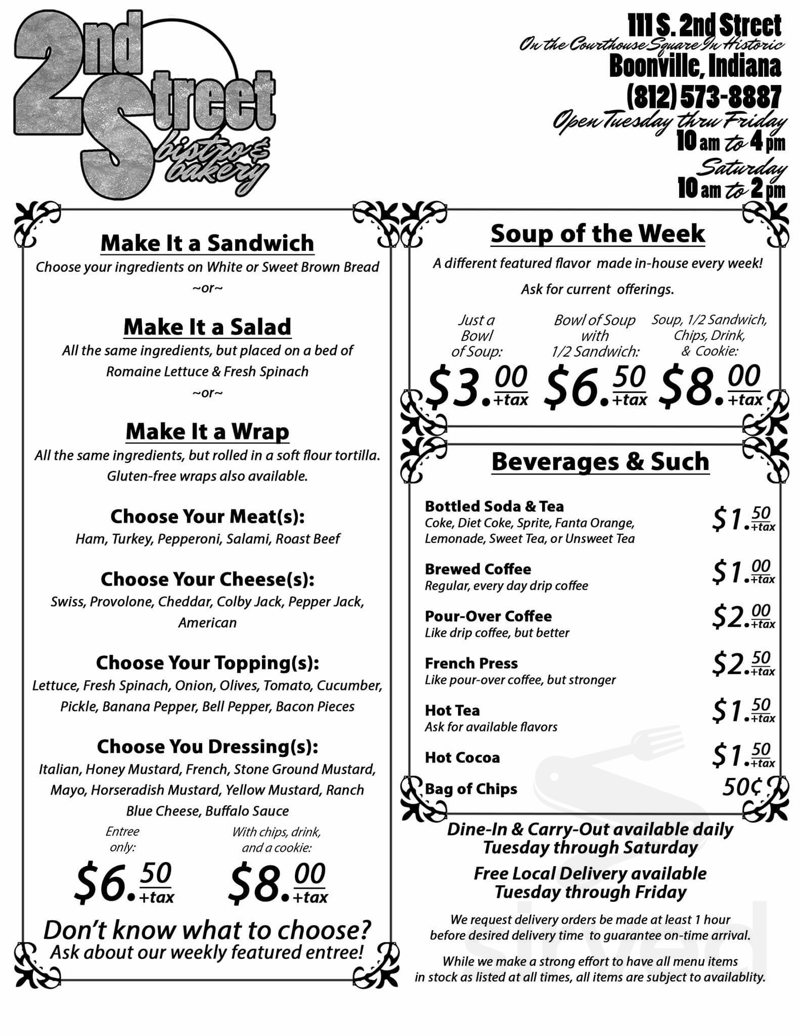 2nd Street Bistro & Bakery menus in Boonville, Indiana, United States
