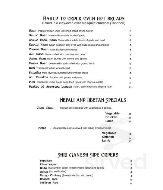 Shri Ganesh menu in Colorado Springs, Colorado, USA