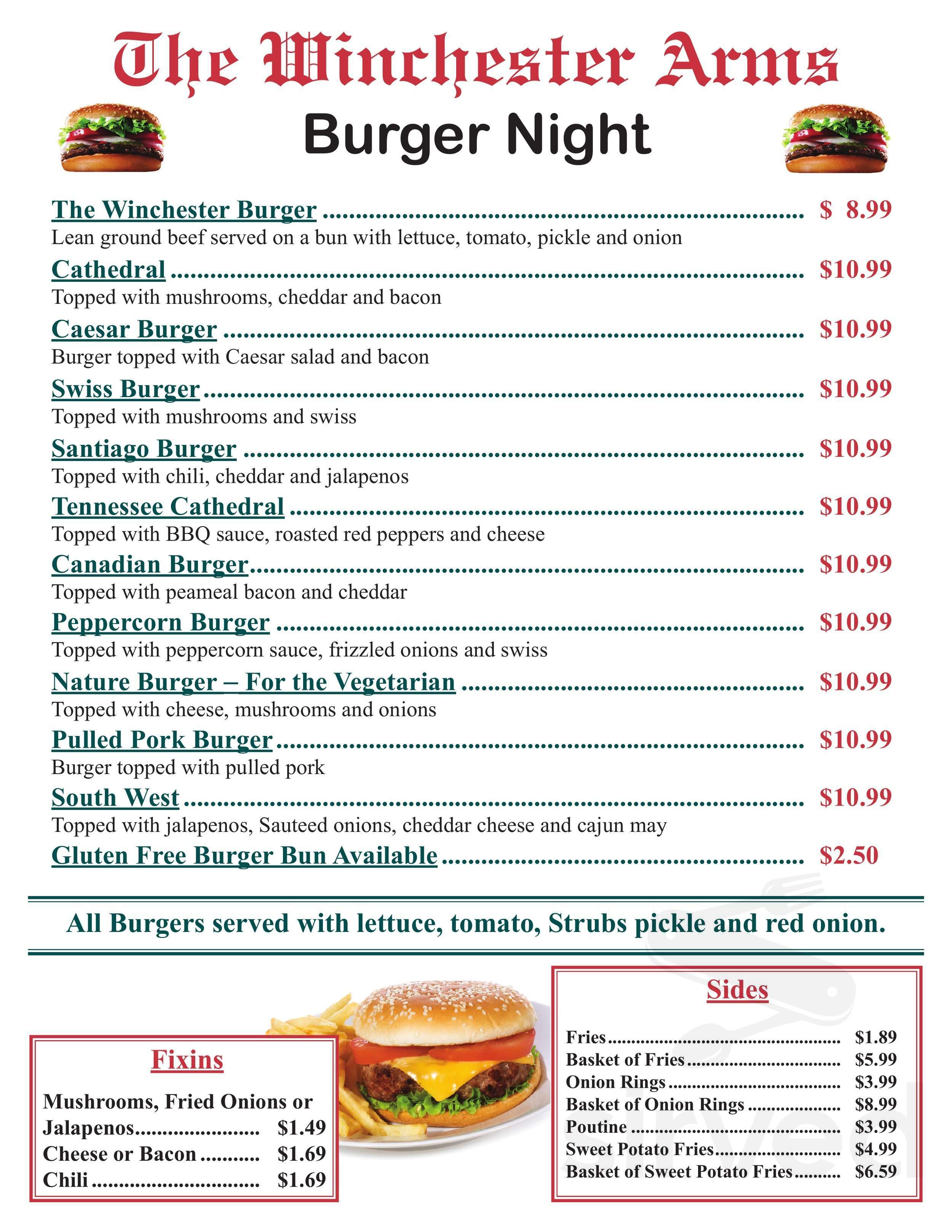 Winchester Arms menu in Dundas, Ontario, Canada