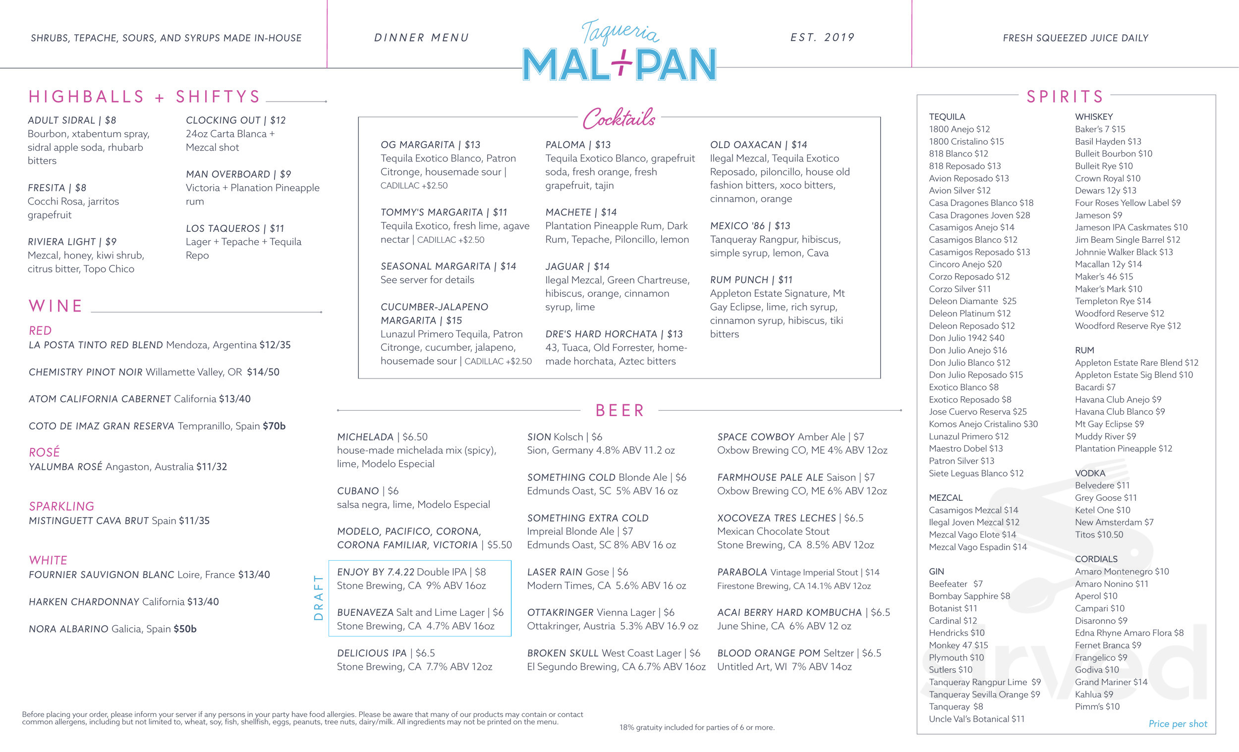 Mal Pan menu in Charlotte, North Carolina, USA