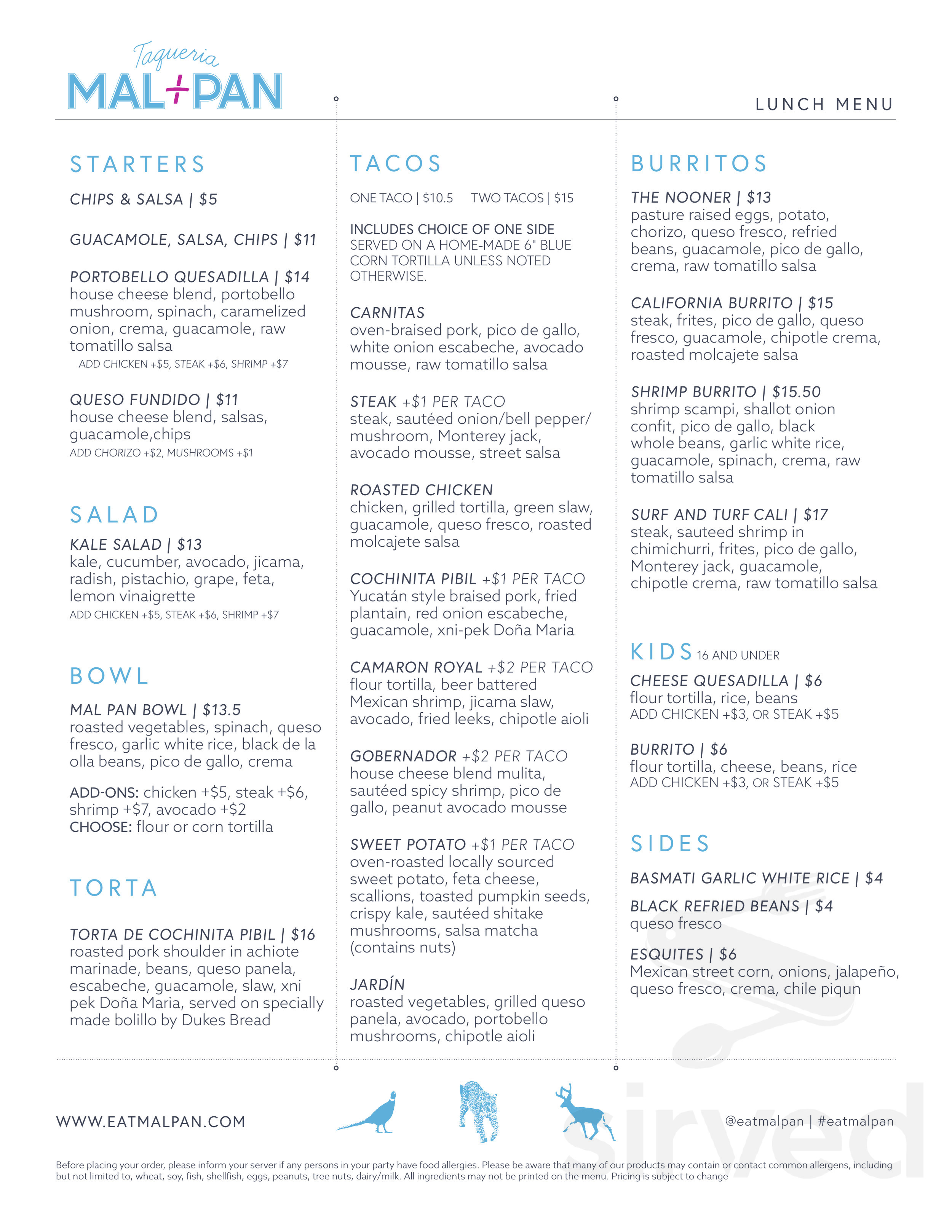 Mal Pan menu in Charlotte, North Carolina, USA
