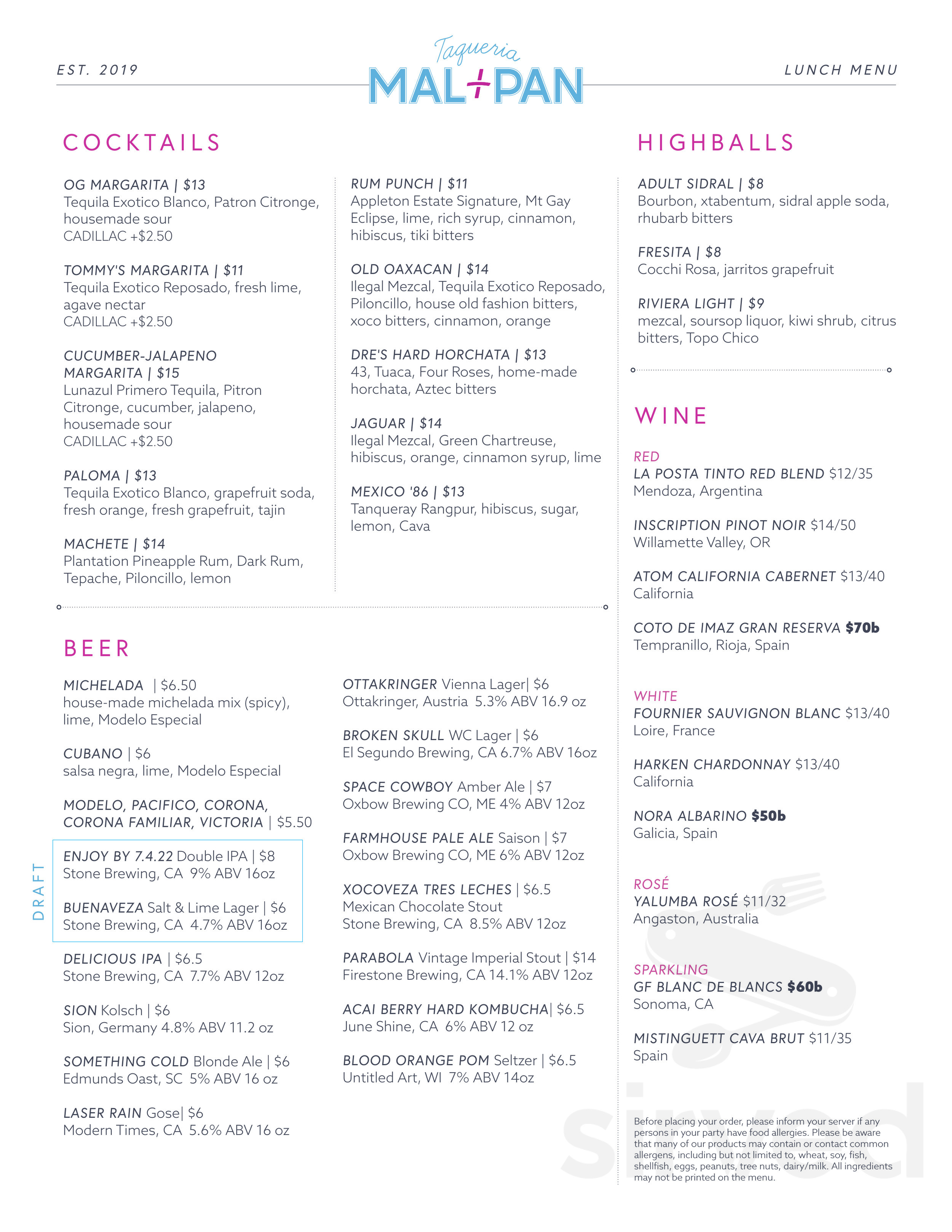 Mal Pan menu in Charlotte, North Carolina, USA