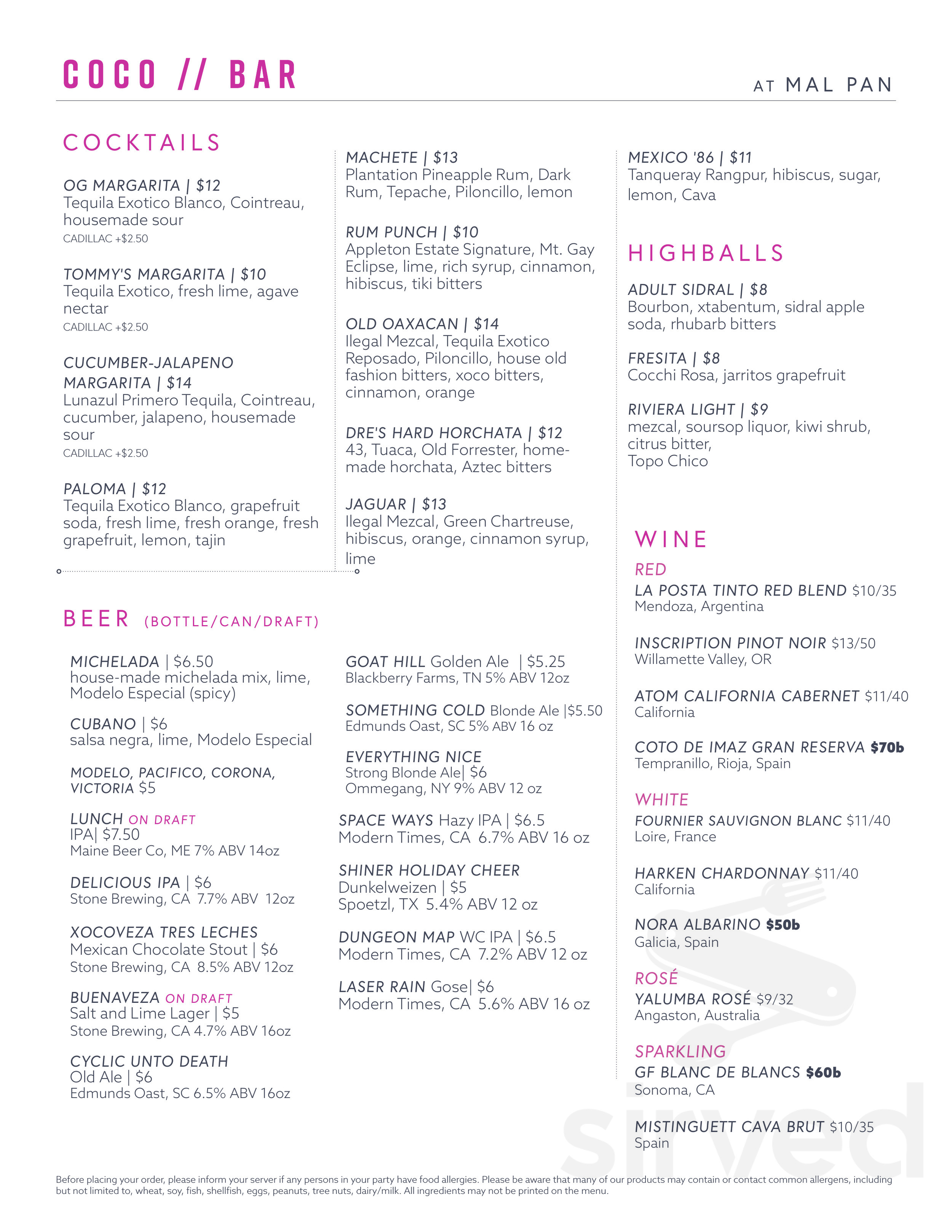 Mal Pan menu in Charlotte, North Carolina, USA
