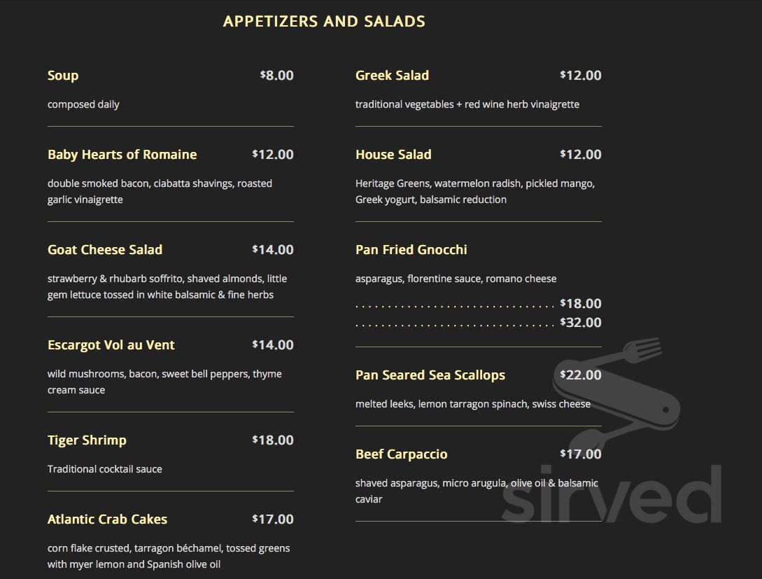 Churchill's Prime Rib House menu in North Bay, Ontario, Canada