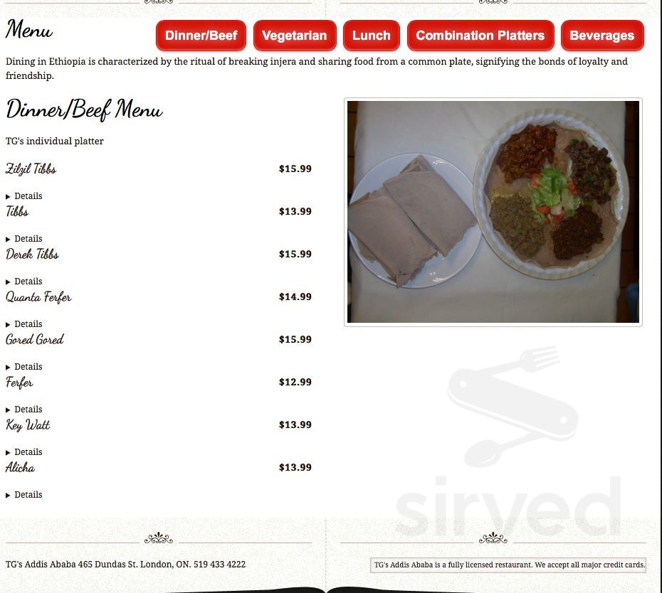 Menu - London ON's Addis Ababa Restaurant | Sirved
