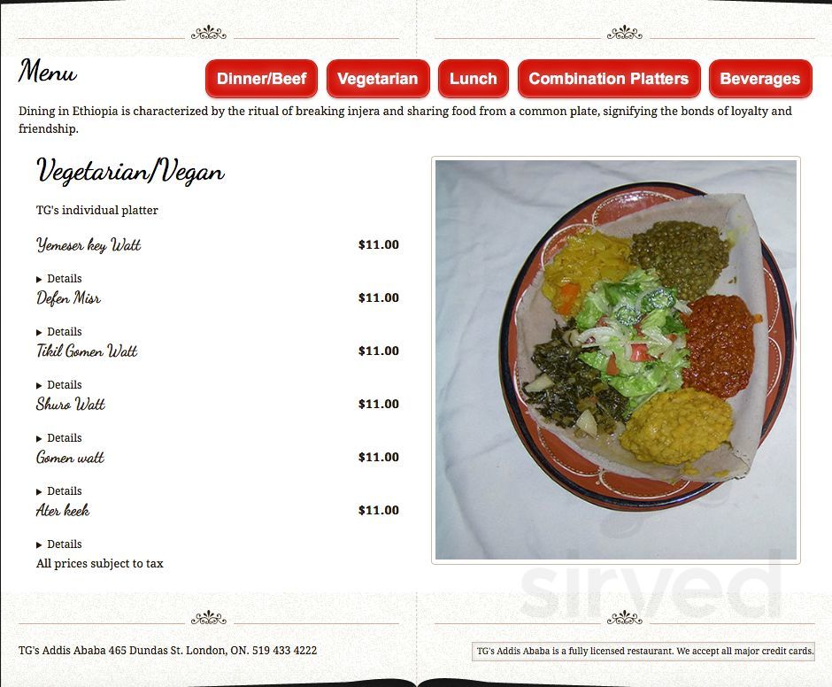 Addis Ababa Restaurant menu in London, Ontario, Canada