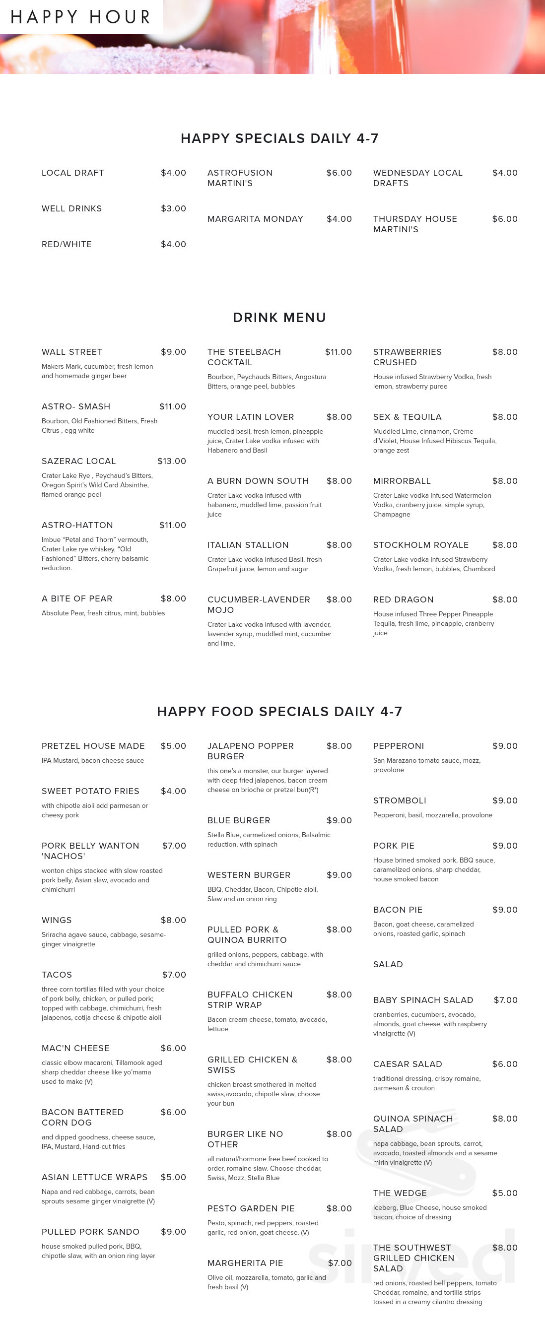 Astro Lounge menu in Bend, Oregon, USA