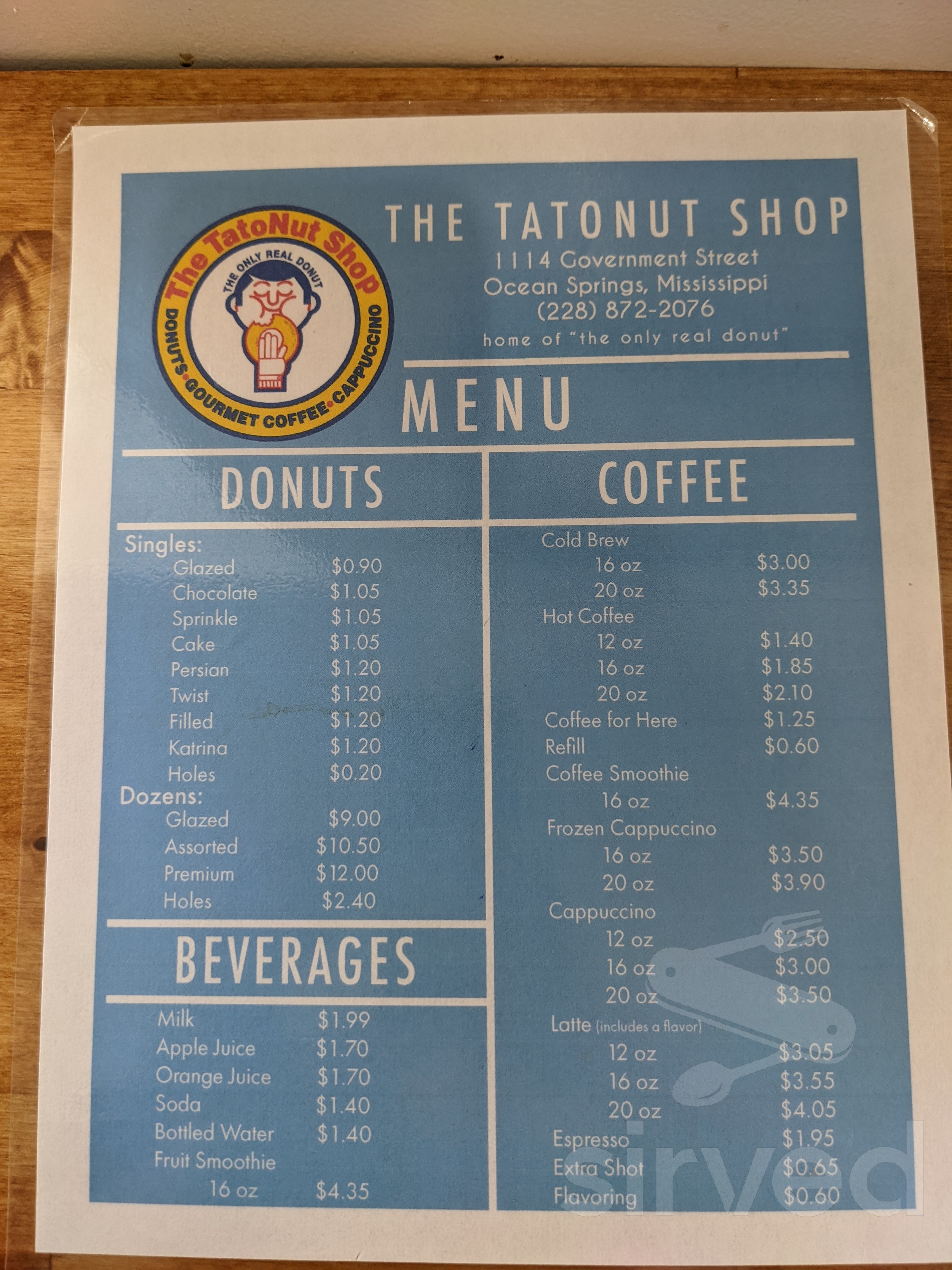 Menu for Tato-Nut Donut Shop in Ocean Springs, MS | Sirved