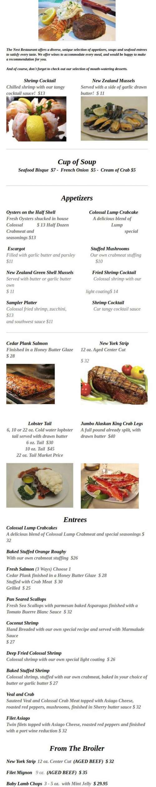 The Nest Restaurant menu in Jeannette, Pennsylvania, USA