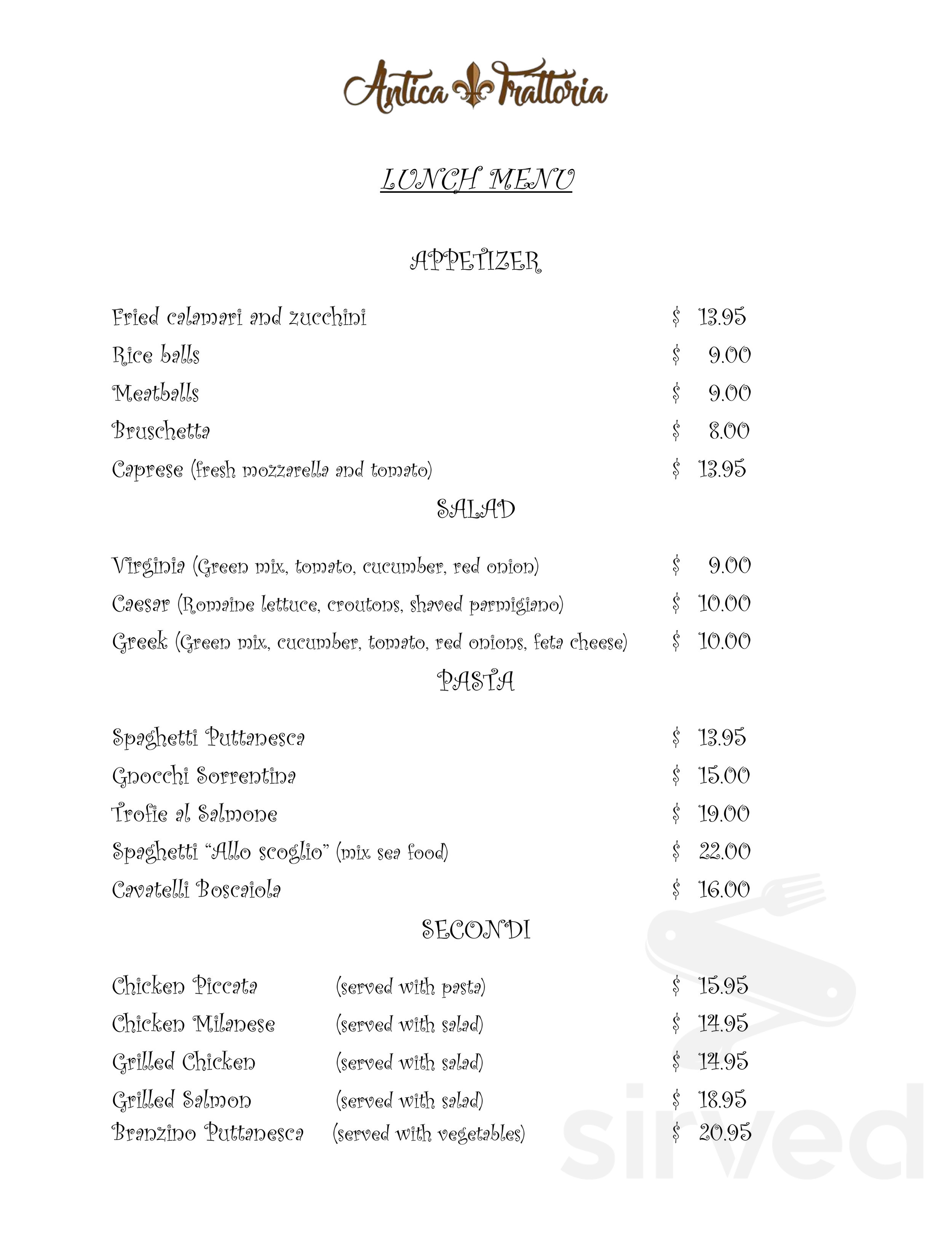 Antica Trattoria menu in Winchester, Virginia, USA