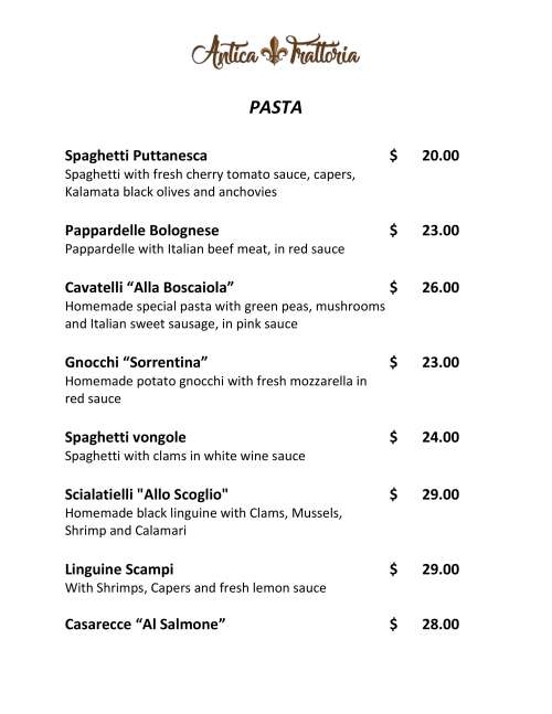 Antica Trattoria menu in Winchester, Virginia, USA