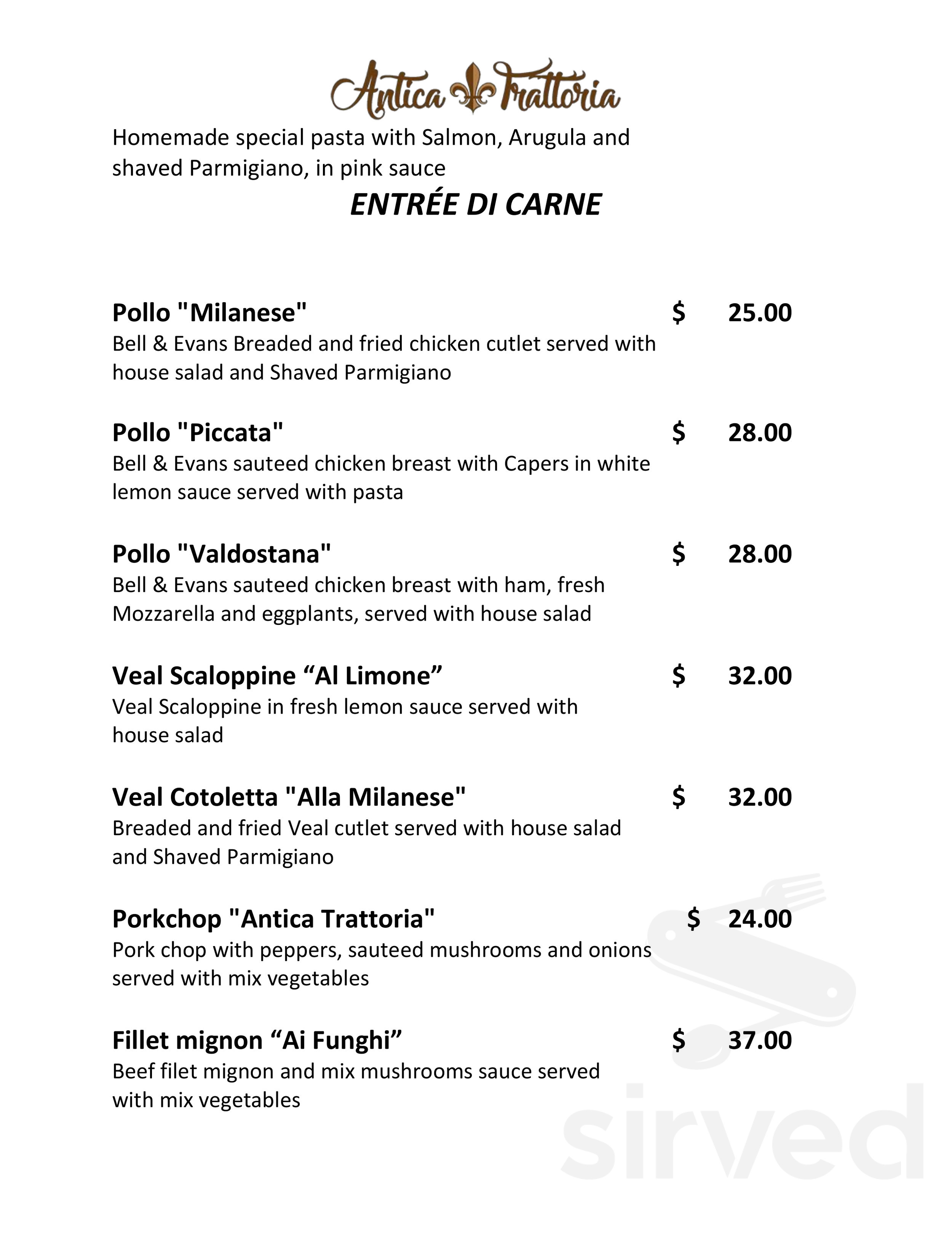 Antica Trattoria menu in Winchester, Virginia, USA