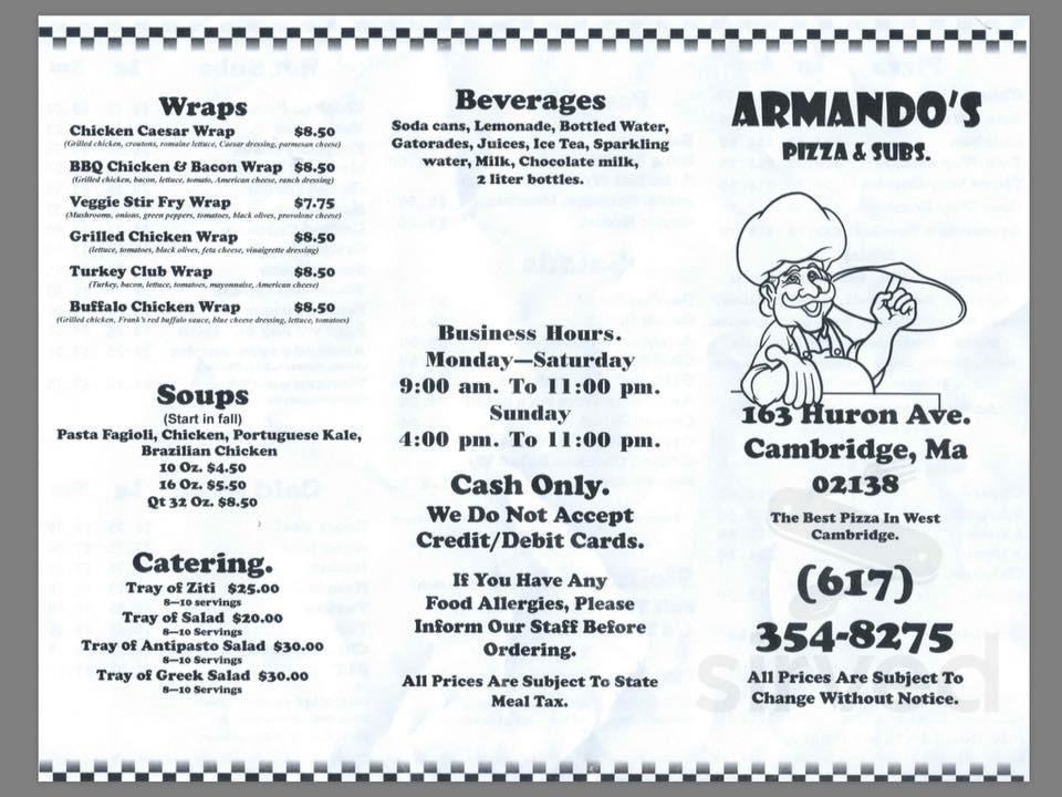 Armando's Pizza menu in Cambridge, Massachusetts, USA