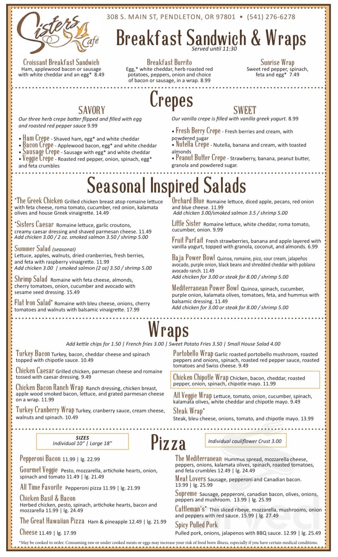 Sister's Cafe menu in Pendleton, Oregon, USA