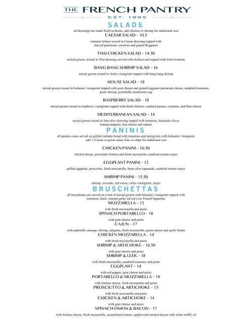 The French Pantry menu in Jacksonville, Florida, USA