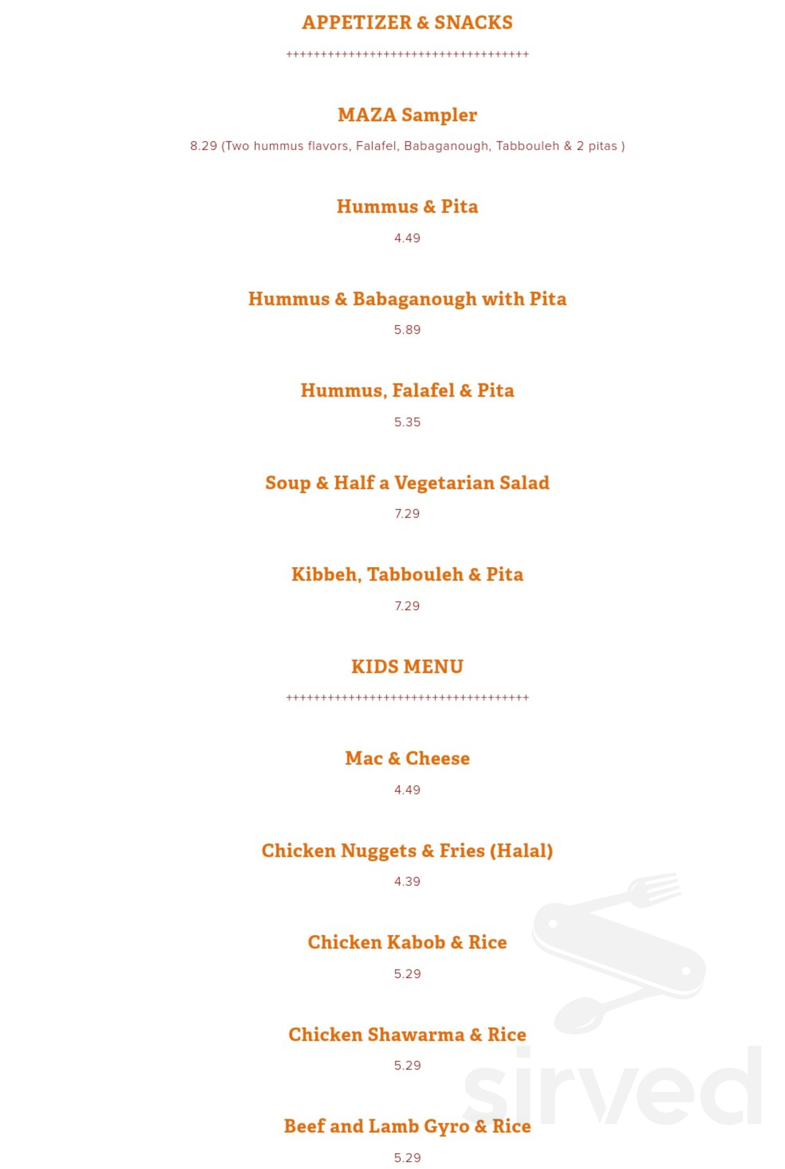 Maza Mediterranean Grill menu in Nashua, New Hampshire, USA