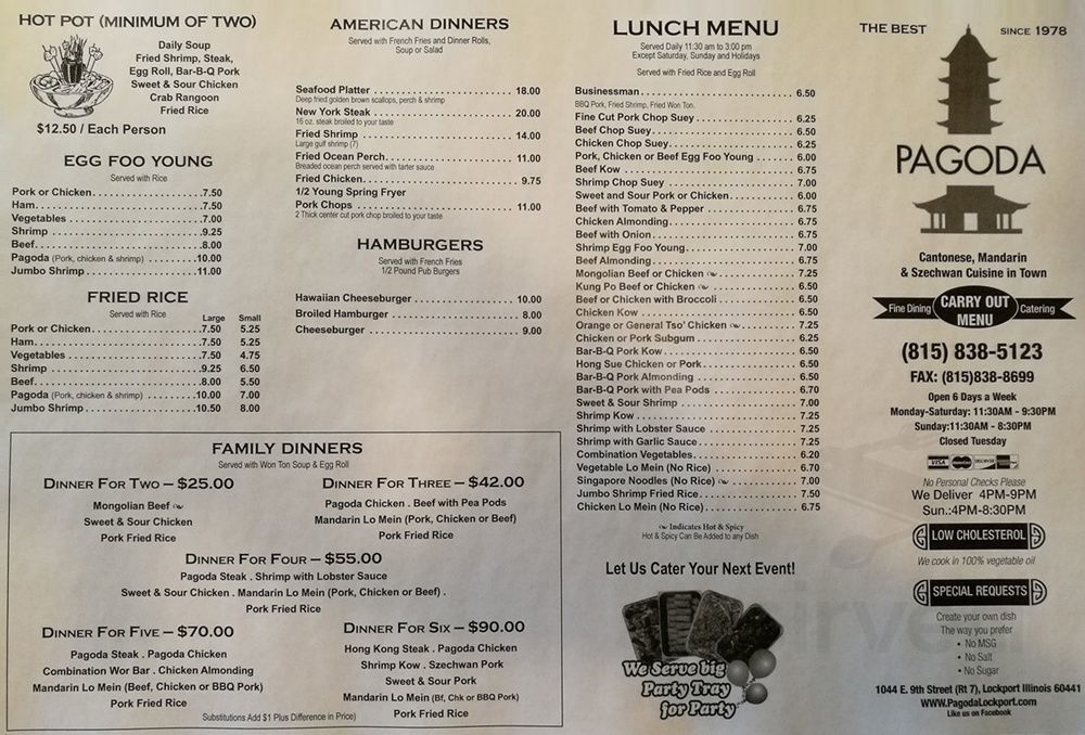 Pagoda menu in Lockport, Illinois, USA