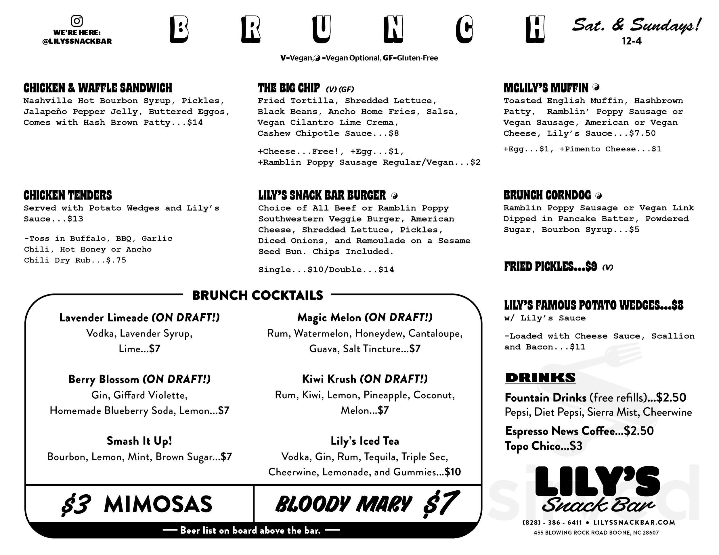 Lily's Snack Bar menu in Boone, North Carolina, USA
