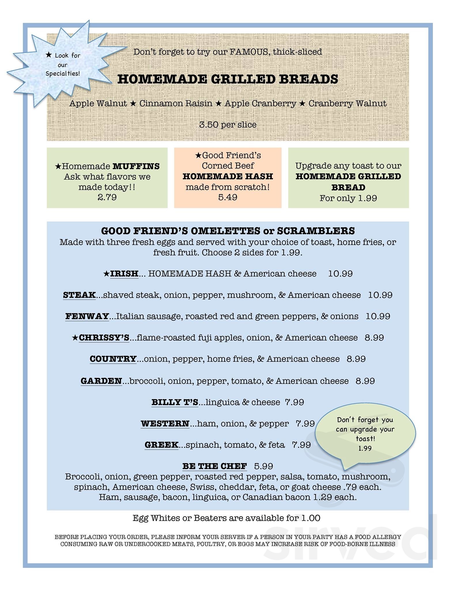 Good Friends Cafe menu in West Dennis, Massachusetts, USA