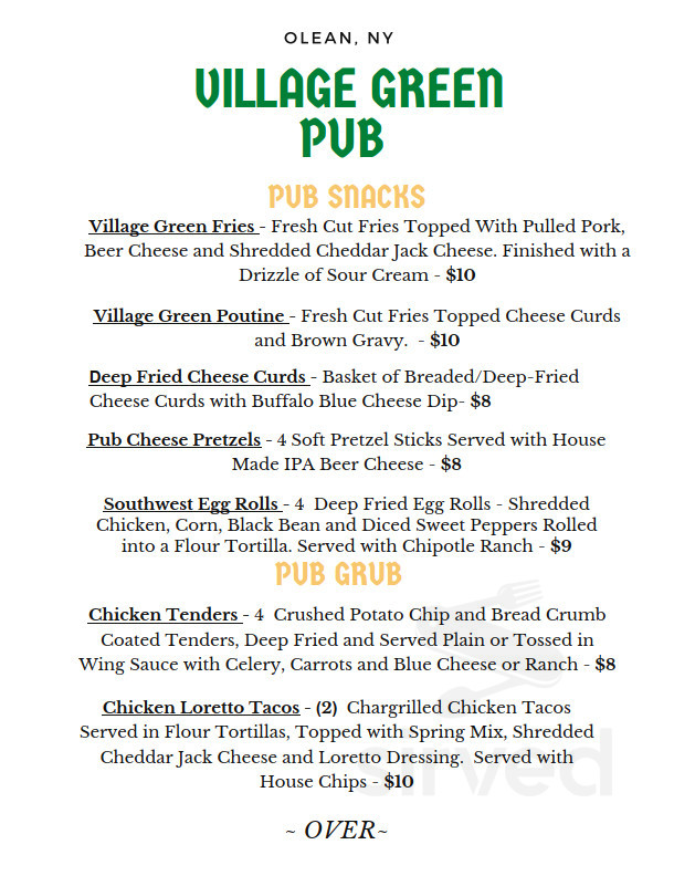 Menu - Olean NY's Village Green Pub | Sirved