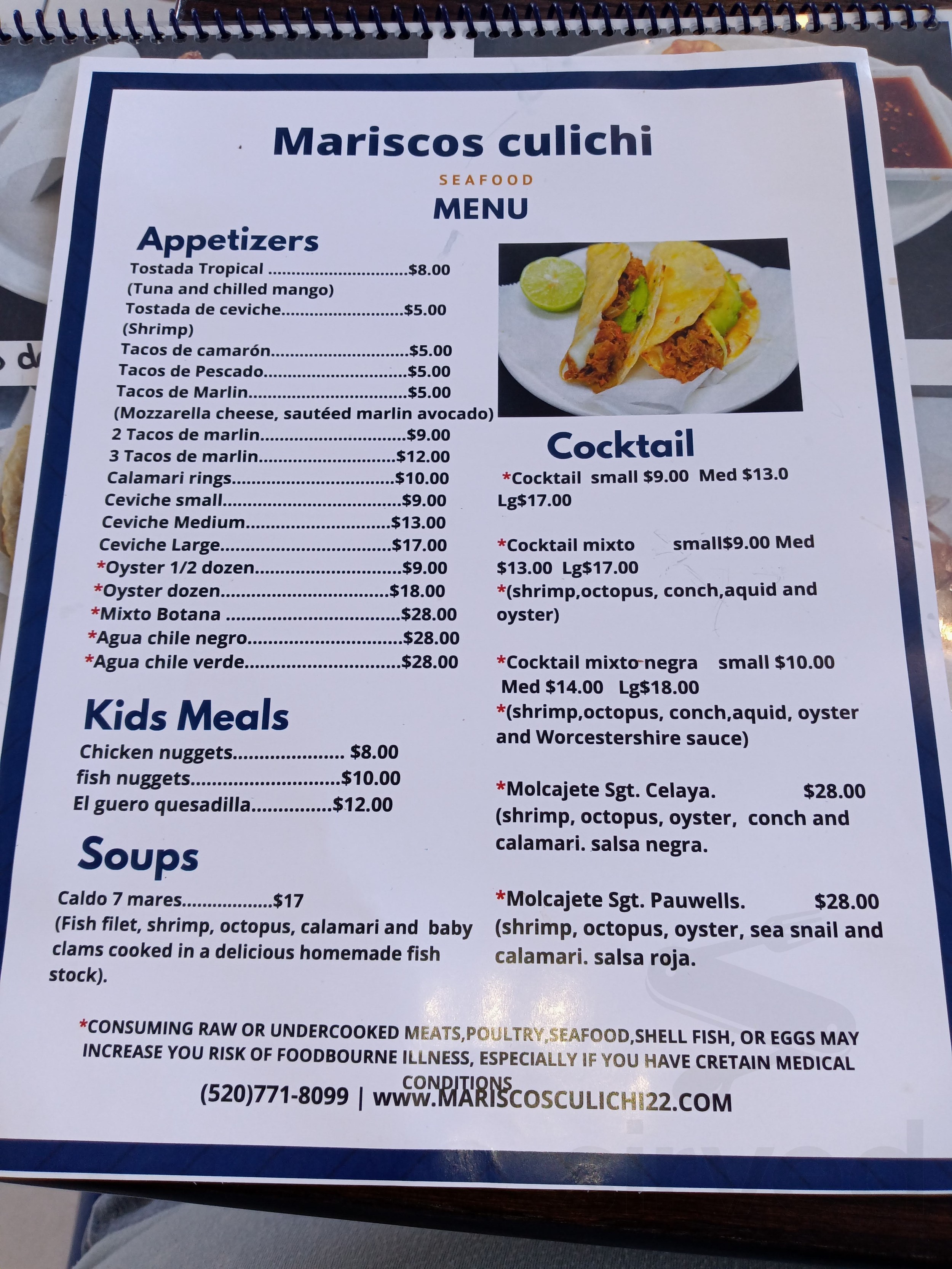 Mariscos Culichi menu in Tucson, Arizona, USA