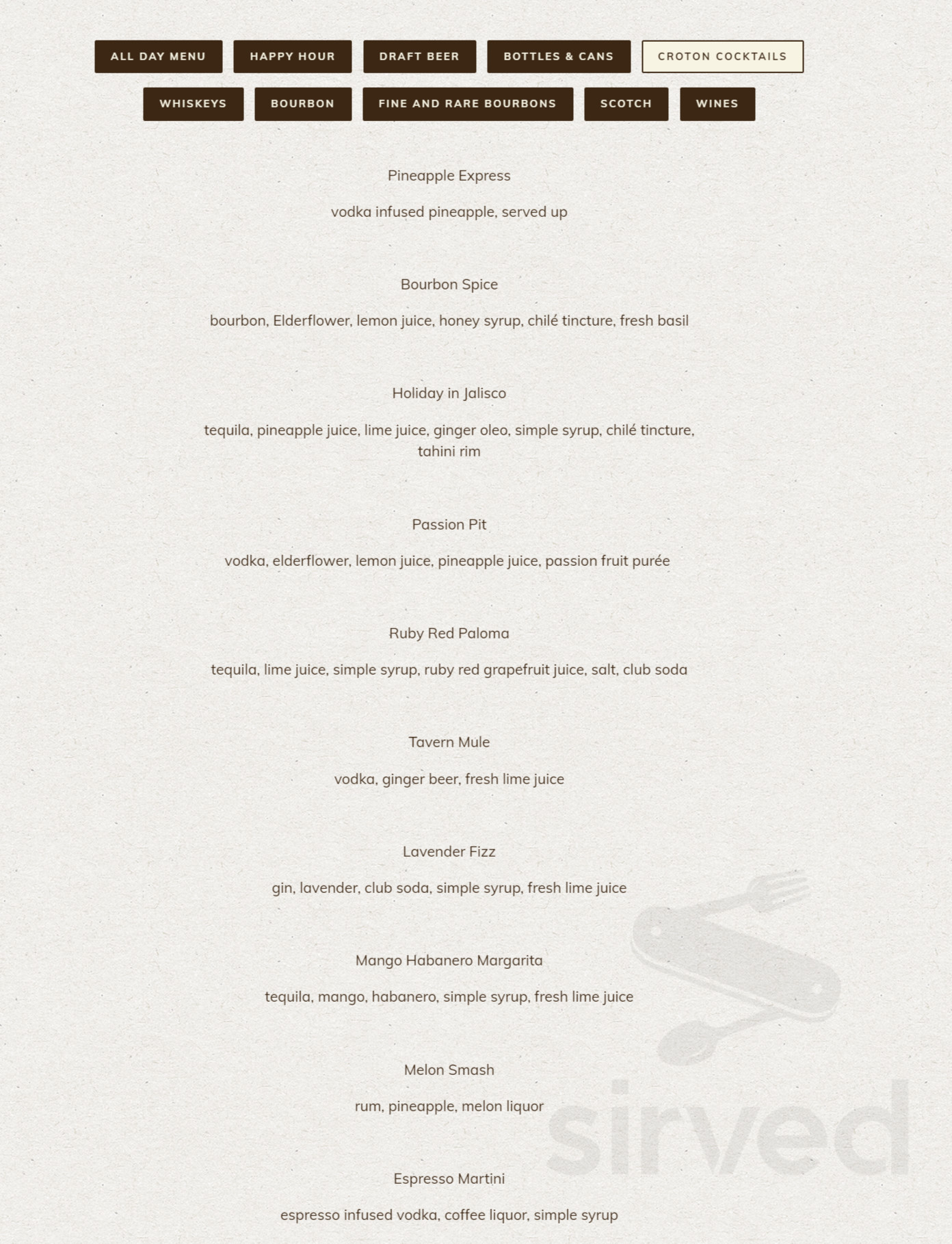 Menu - New York NY's Croton Reservoir Tavern | Sirved