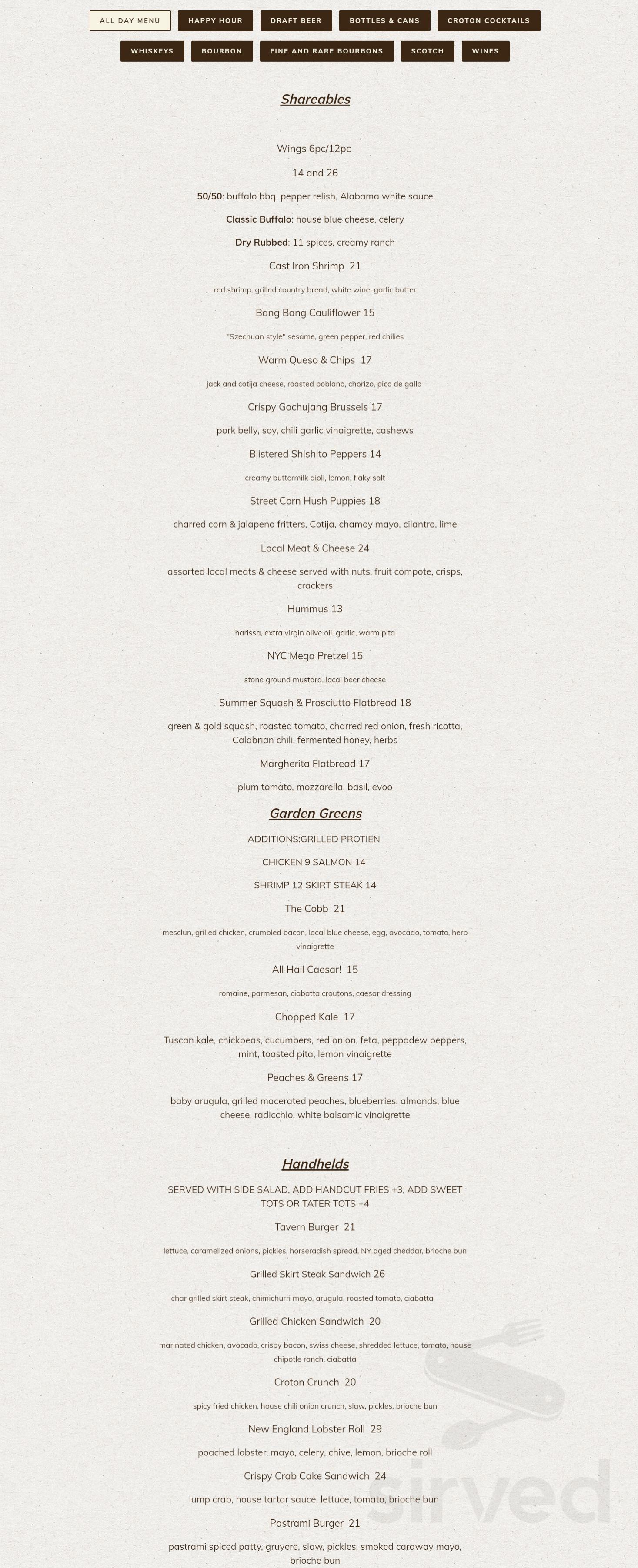 Menu - New York NY's Croton Reservoir Tavern | Sirved