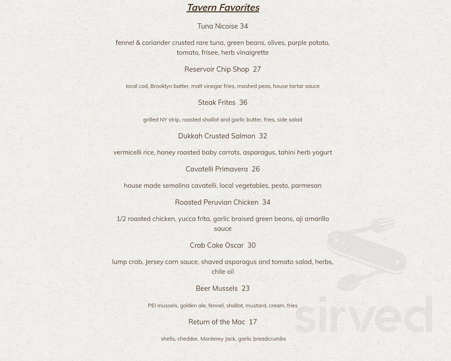 Menu - New York NY's Croton Reservoir Tavern | Sirved