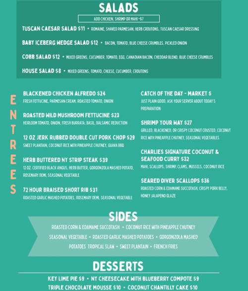 Coconut Charlie's Beach Bar & Grill menu in St Pete Beach, Florida, USA