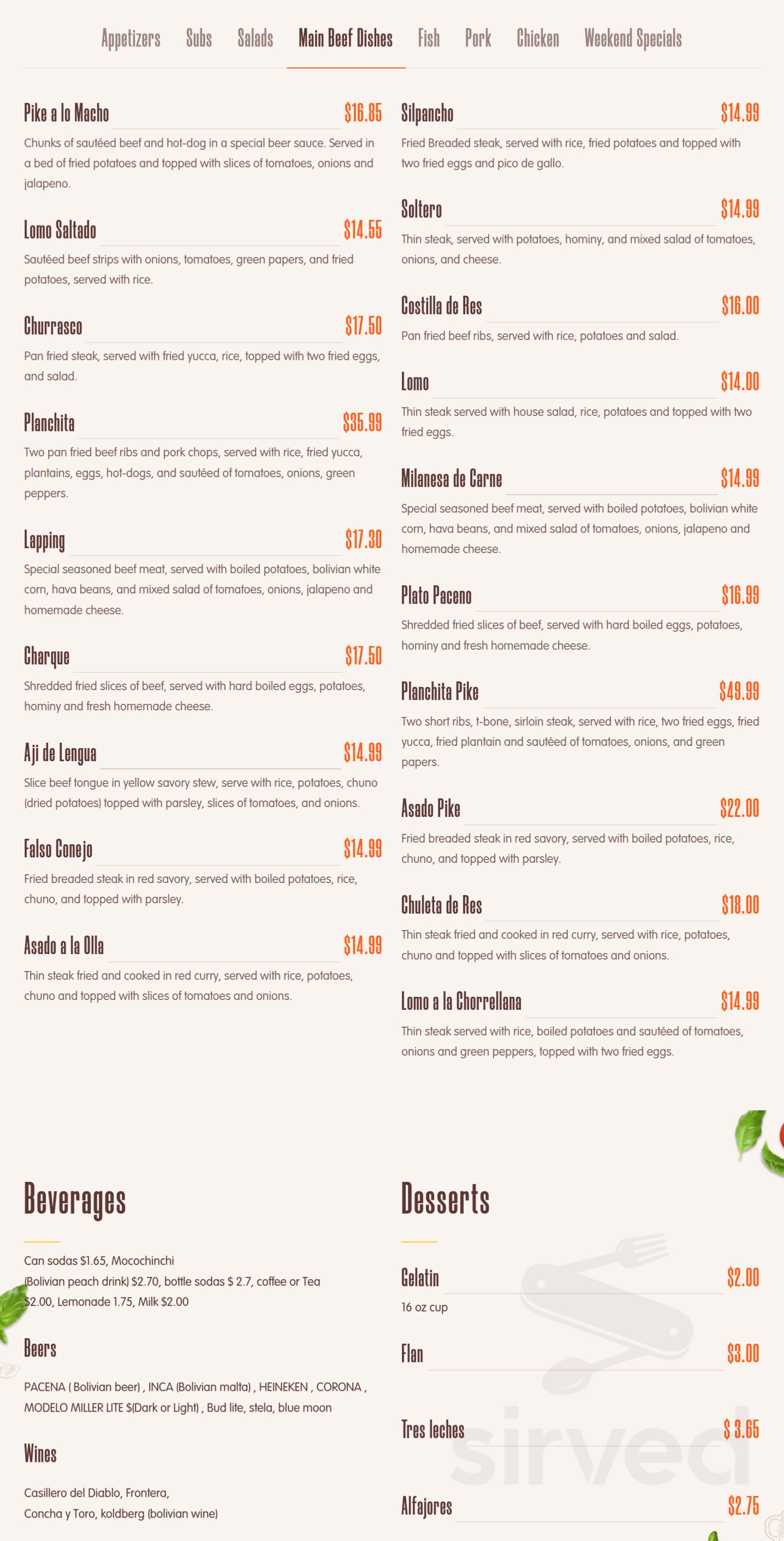 El Pike Bolivian Restaurant menus in Arlington, Virginia, United States
