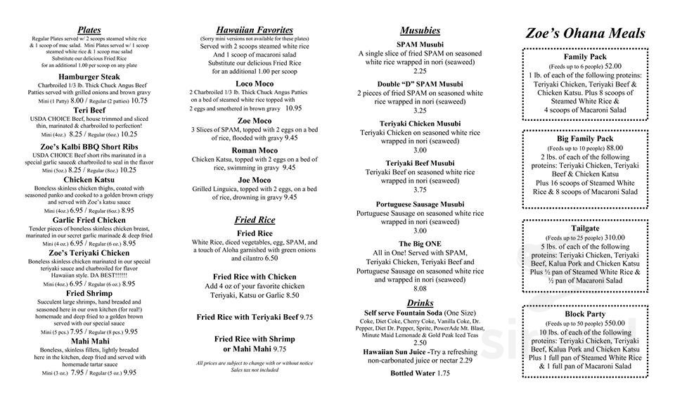 Menu for Zoe's Hawaiian BBQ in Santa Maria, CA | Sirved
