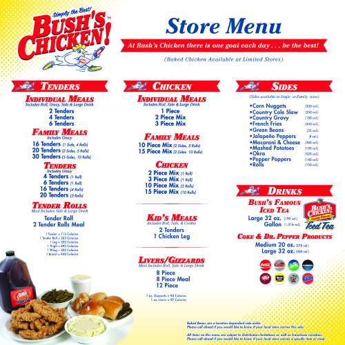 Bush's Chicken menu in Bryan, Texas, USA