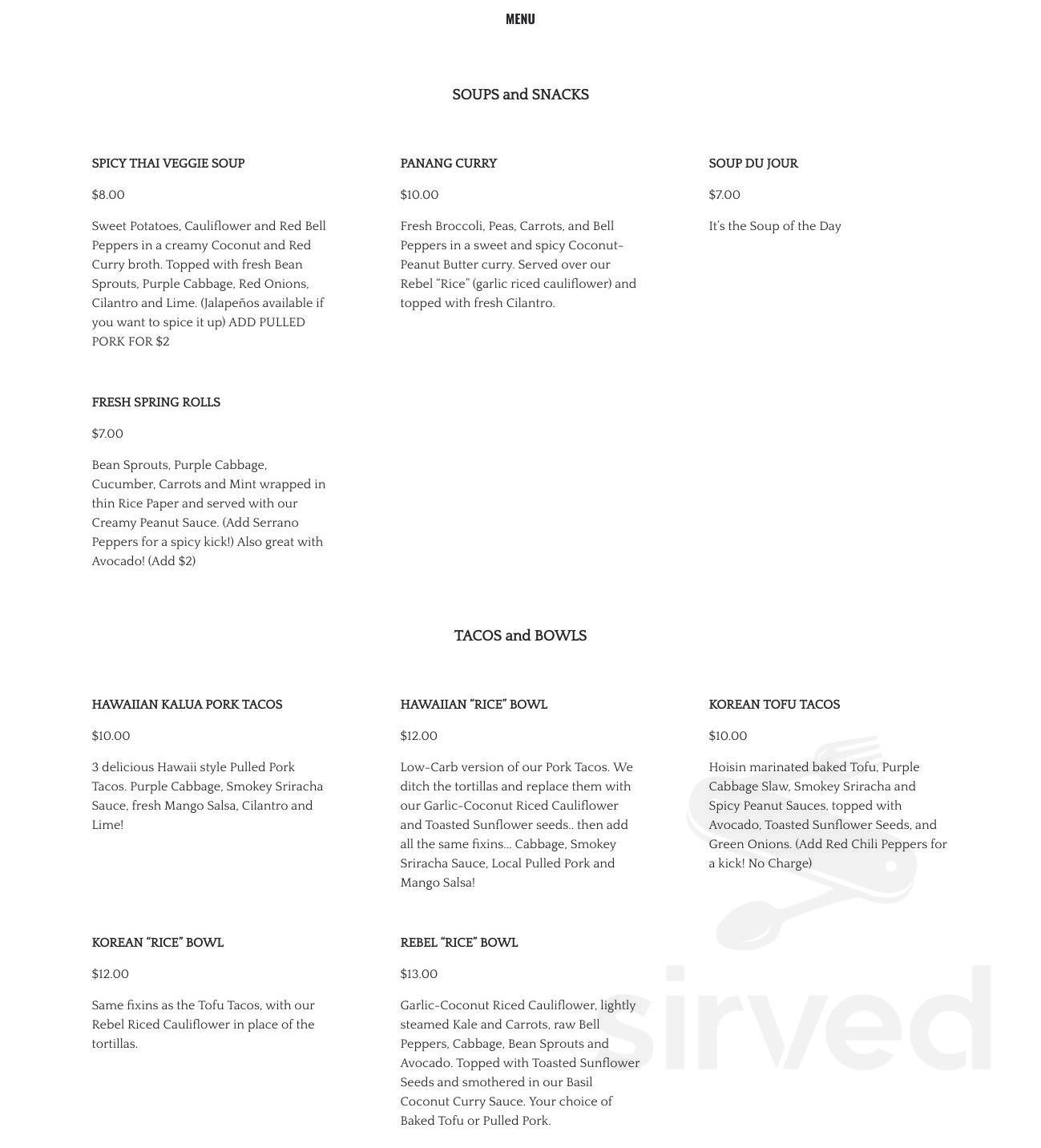 Rebel Roots Kitchen menu in Whitefish, Montana, USA