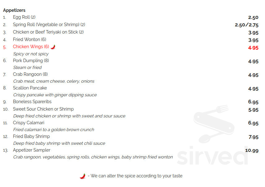 Kirin China Grill menu in Spring Hill, Florida, USA