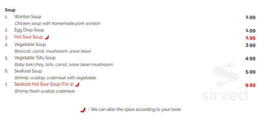 Kirin China Grill menu in Spring Hill, Florida, USA