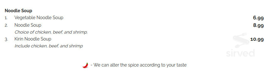 Kirin China Grill menu in Spring Hill, Florida, USA