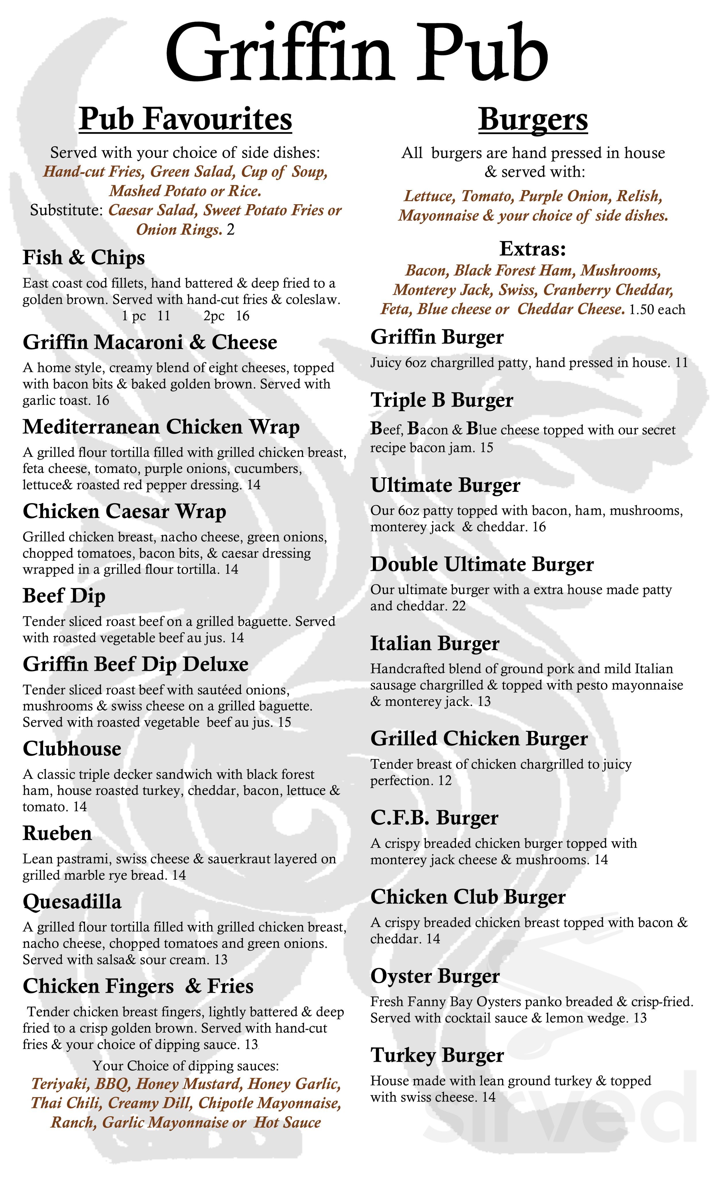 Menu for Griffin Pub in Comox, BC | Sirved