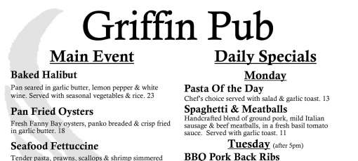 Griffin Pub Menu - Comox, British Columbia | Sirved