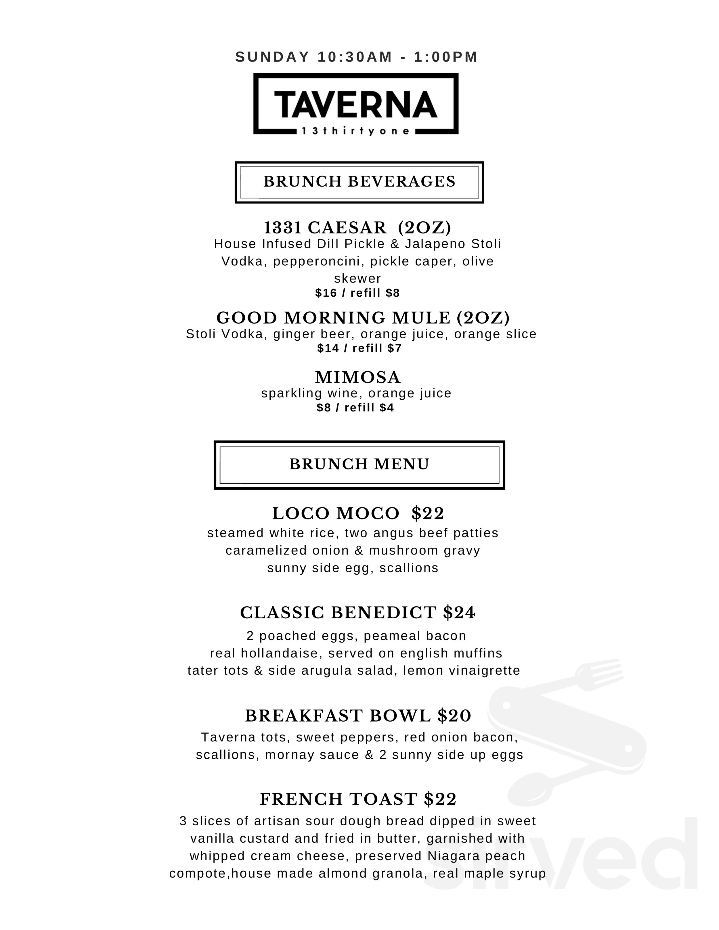 Taverna 13thirtyone menu in London, Ontario, Canada