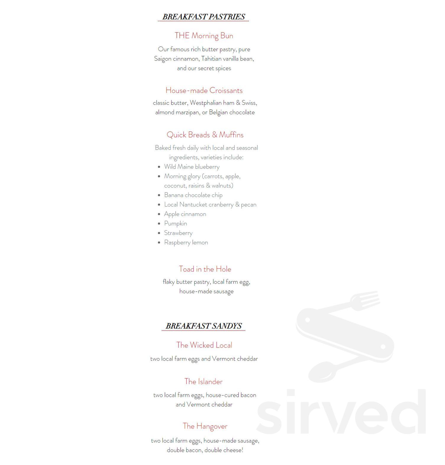 Menu for Wicked Island Bakery in Nantucket, Massachusetts, United States