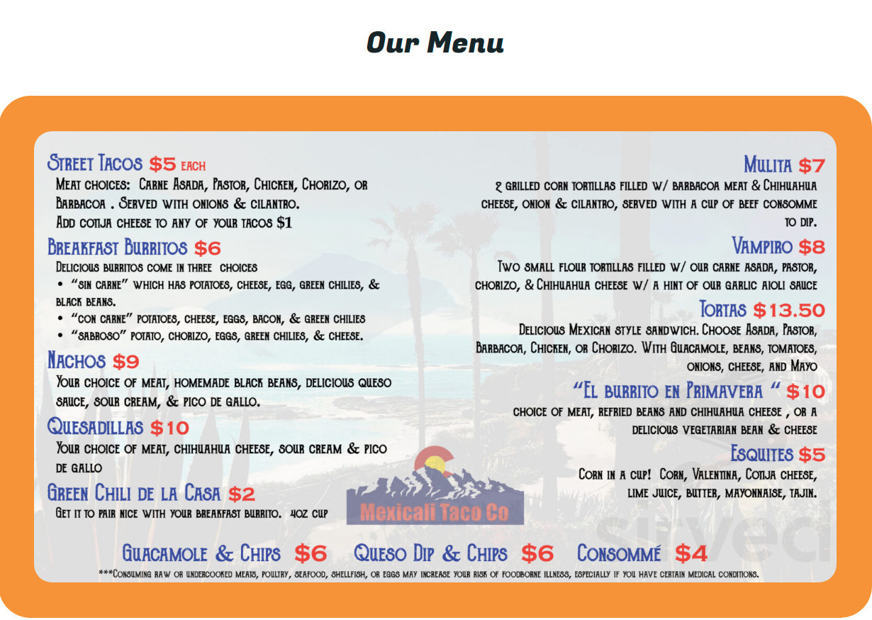 Mexicali Taco Co. menu in Parshall, Colorado, USA