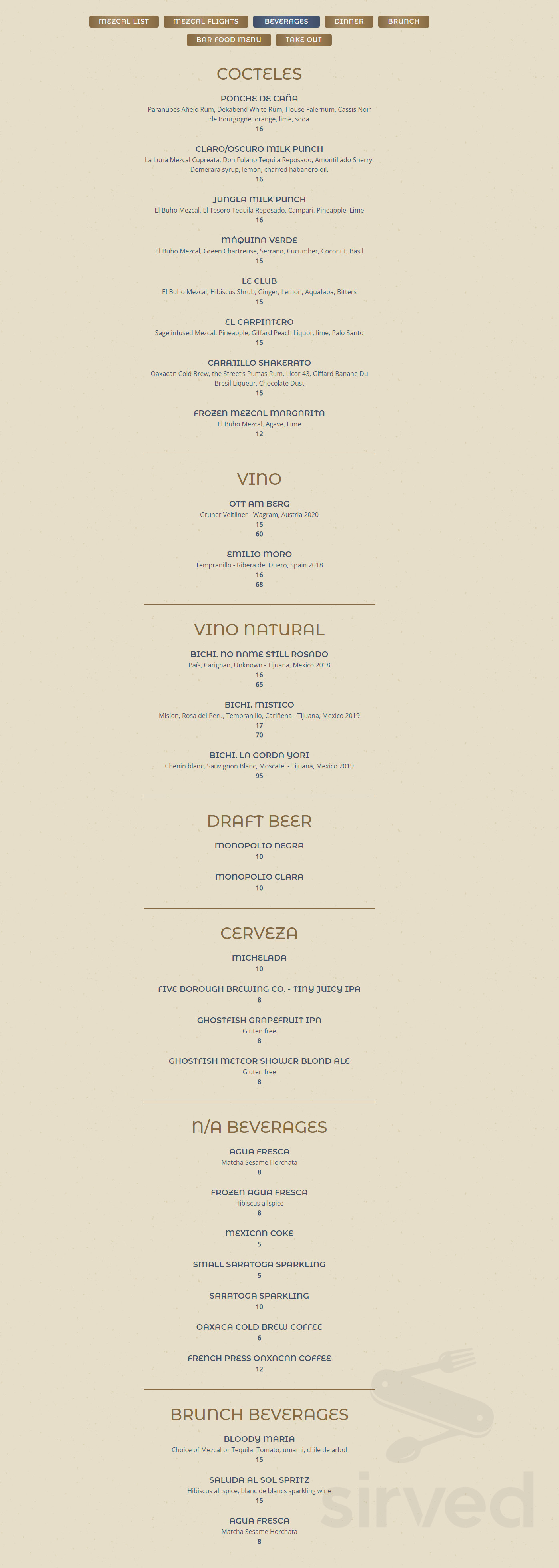 Claro menu in Brooklyn, New York, USA